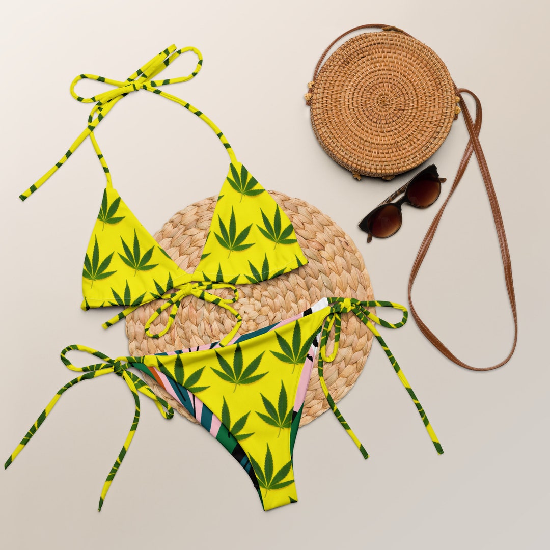 Weed Leaf Recycled String Bikini, Stoner Babe Swimwear, Two Piece Marijuana Swimming Suit ...