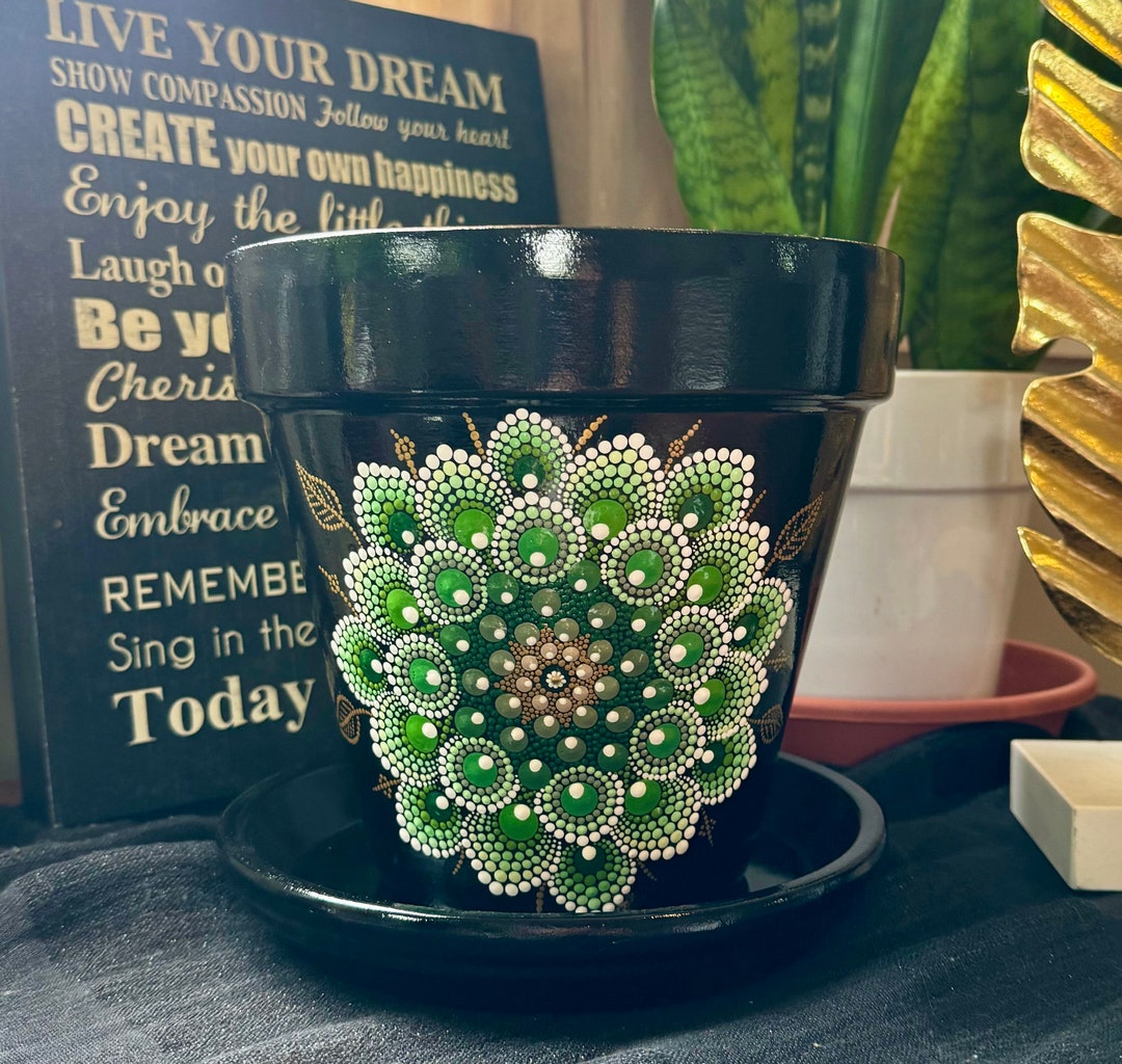 Green Mandala Plant Pot | Dot Painting | Painted Terracotta Pots | Gift ...