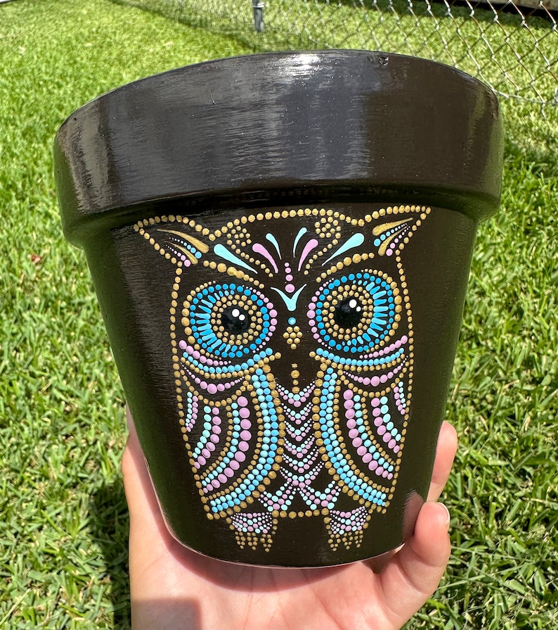 Hand Painted Owl Flower Pot: Dot Art Terracotta Planter - Etsy