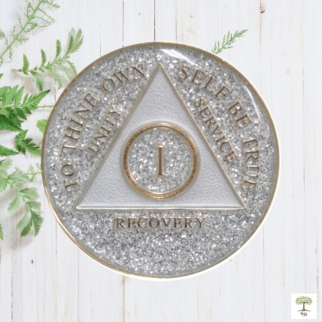 AA Birthday Medallion Glitter Silver Tri-plate Coin Alcoholics ...
