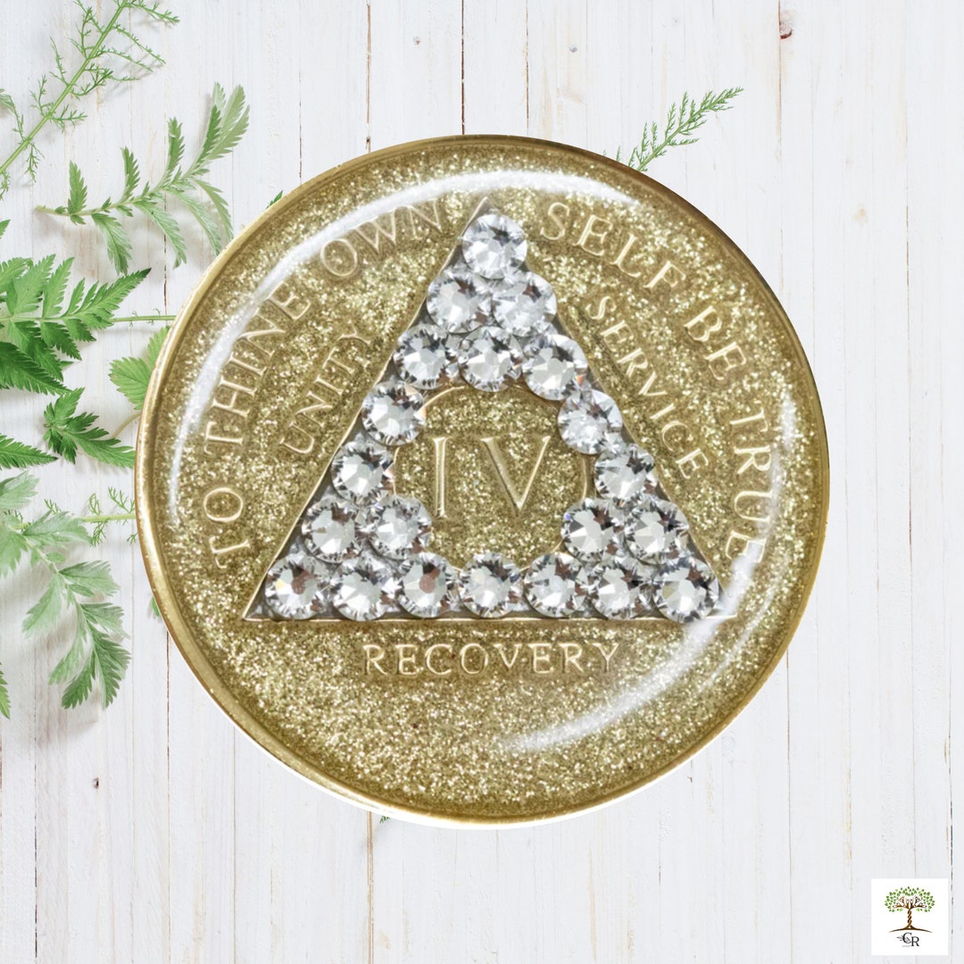 AA Birthday Coin Crystallized Glitter Gold Diamond Medallion Alcoholics ...