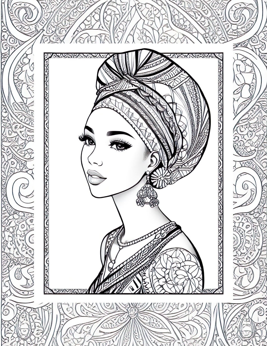 Printable Adult Coloring Page: Beautiful Ebony Woman With Ornate ...
