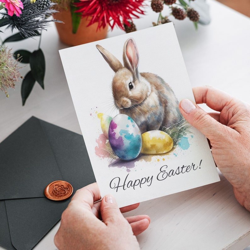 Easter Cards Printable, Happy Easter Cards, Watercolor Bunny, Easter ...