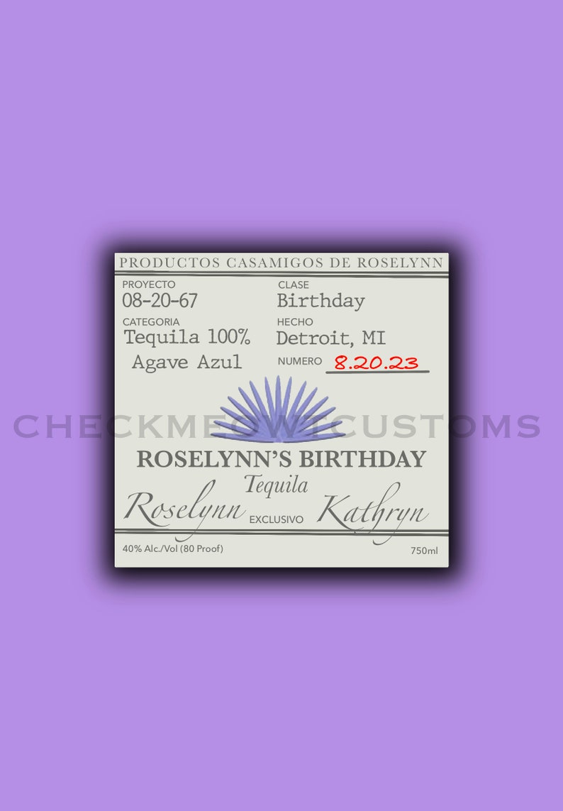 Custom Tequila Purple Bottle Label Printable Gift, Personalized Label ...