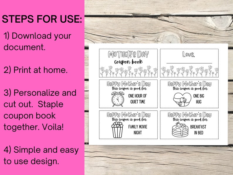 Mother's Day Coupon Book, Coupons for Mom, Mother's Day Coloring ...