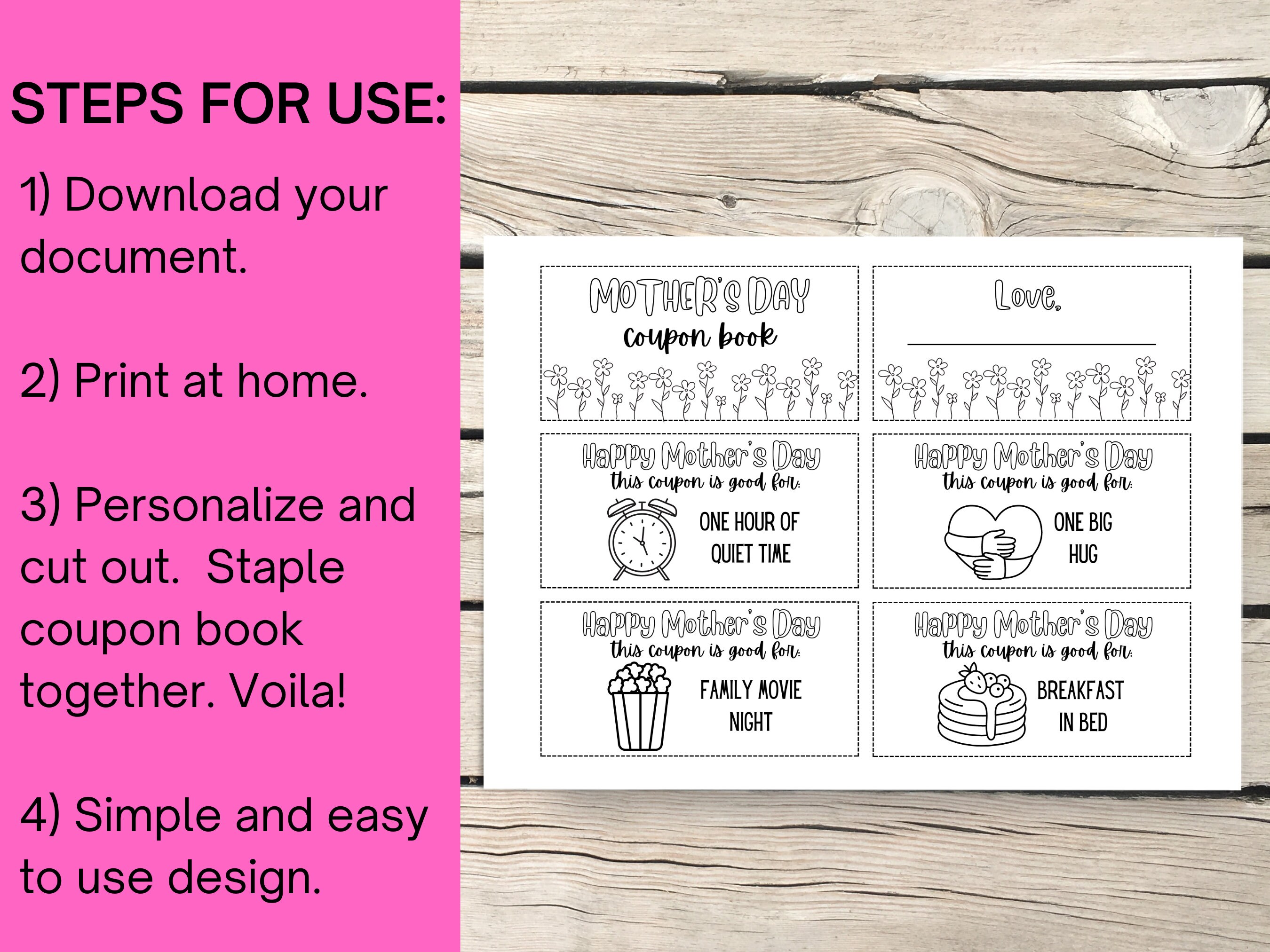 Mother's Day Coupon Book, Coupons for Mom, Mother's Day Coloring ...