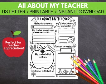 All About My Teacher, Teacher Appreciation Week Gift, Fill in the Blank ...