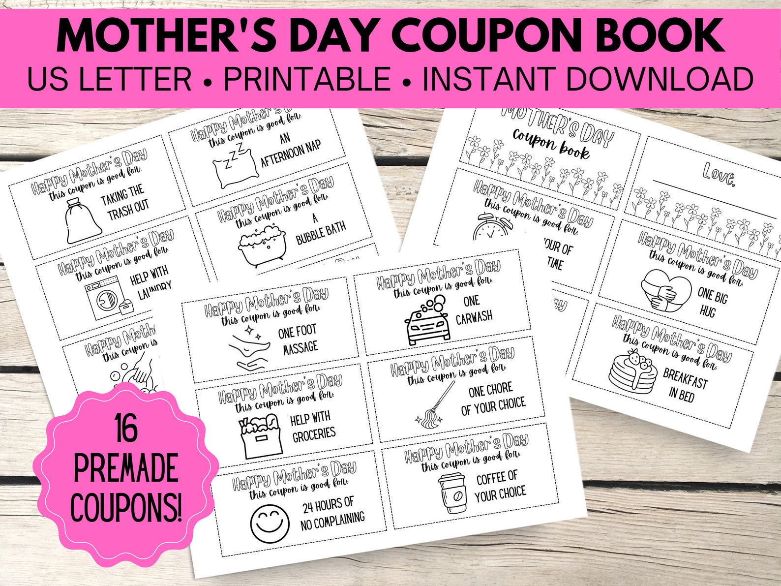 Mother's Day Coupon Book, Coupons for Mom, Mother's Day Coloring ...