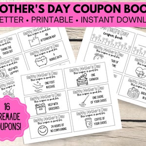 Mother's Day Coupon Book, Coupons for Mom, Mother's Day Coloring ...