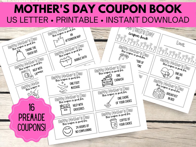 Mother's Day Coupon Book, Coupons for Mom, Mother's Day Coloring ...
