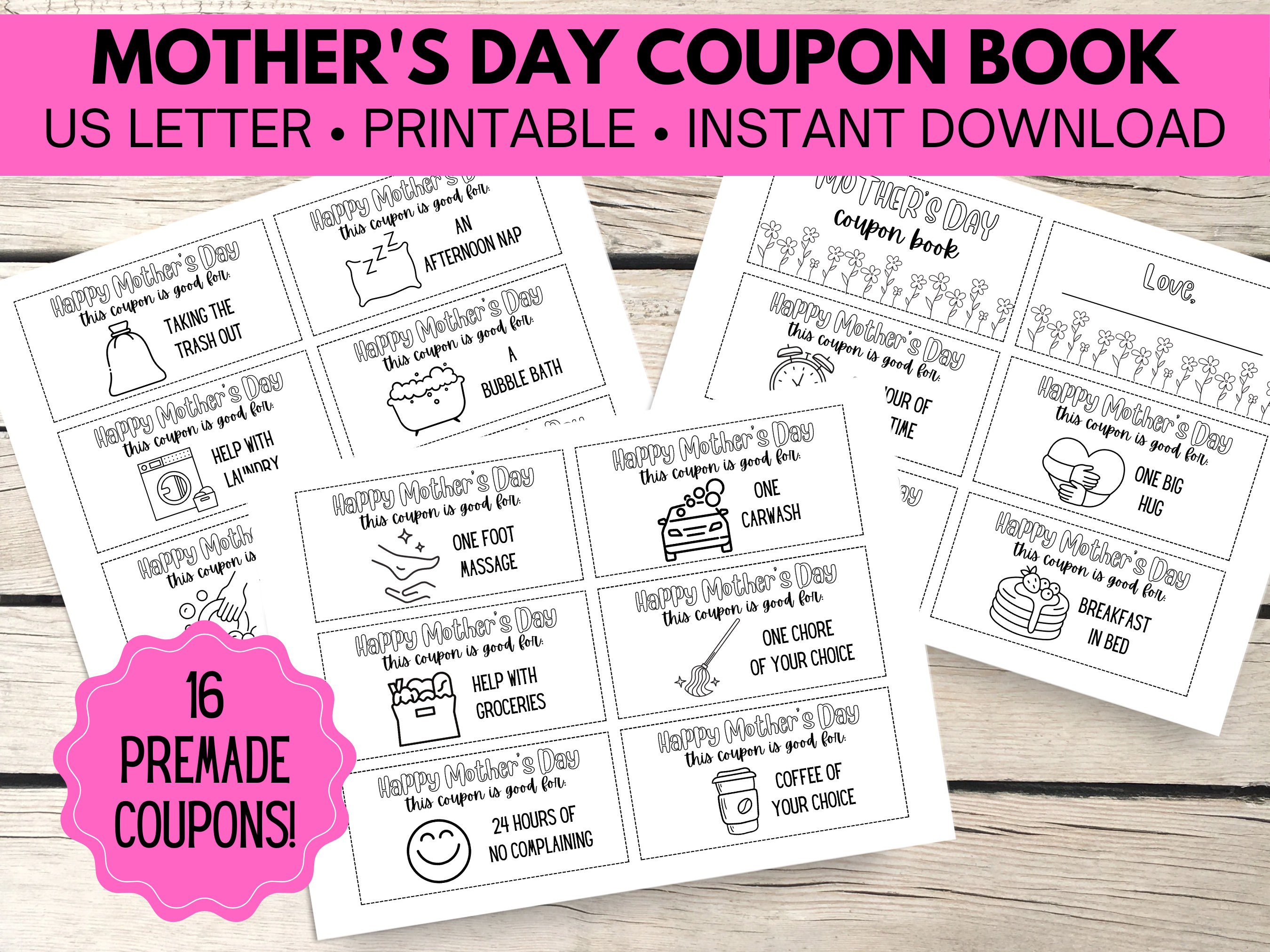 Mother's Day Coupon Book, Coupons for Mom, Mother's Day Coloring ...