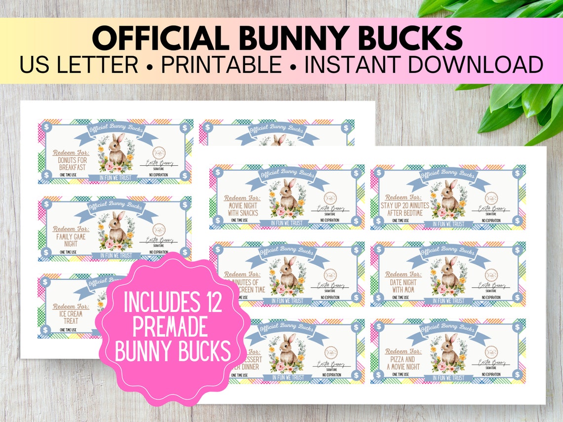Printable Bunny Bucks, Easter Egg Filler, Easter Basket Ideas, Kids ...