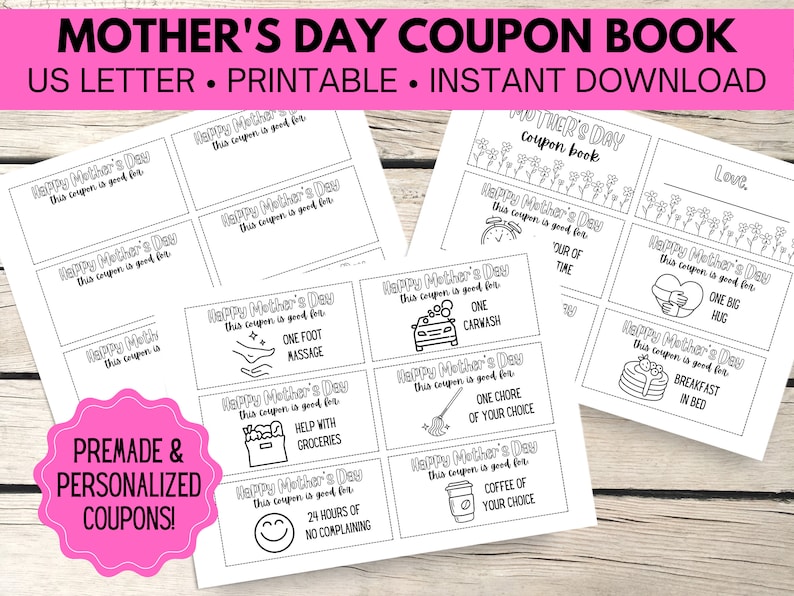 Mother's Day Coupon Book, Coupons for Mom, Mother's Day Coloring ...