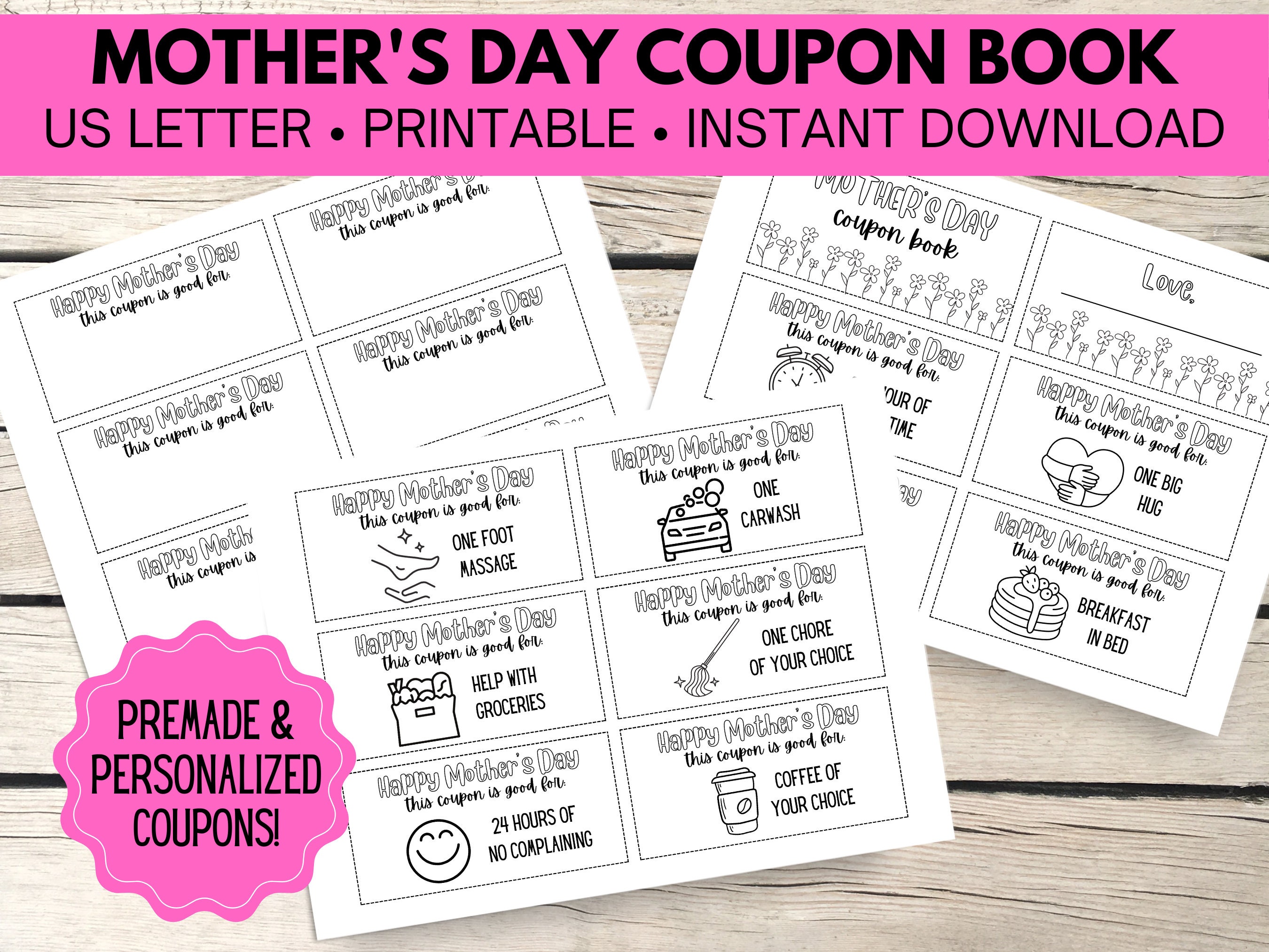 Mother's Day Coupon Book, Coupons for Mom, Mother's Day Coloring ...