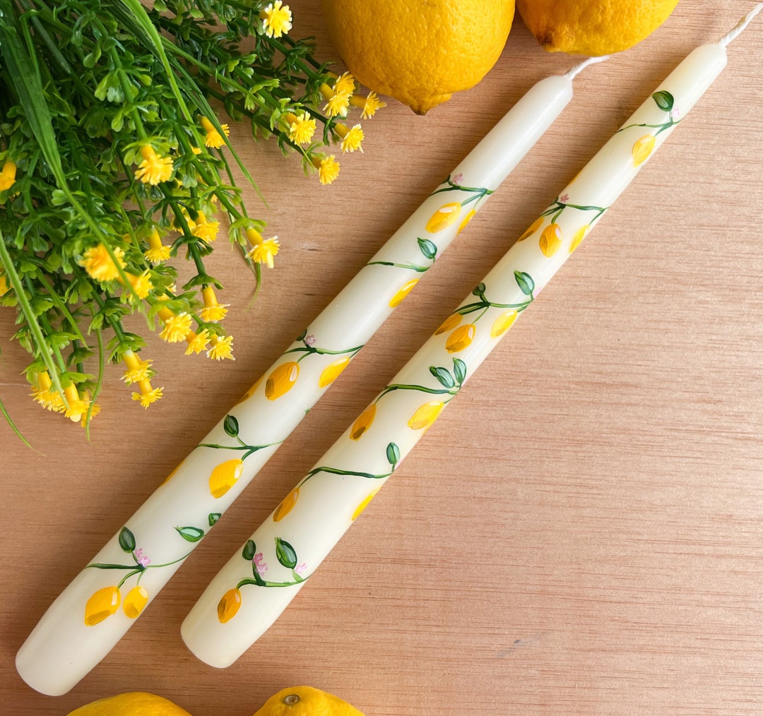 Set of 2 Lemon Tree Hand-painted Taper Candles; Handmade Gift, Wedding ...