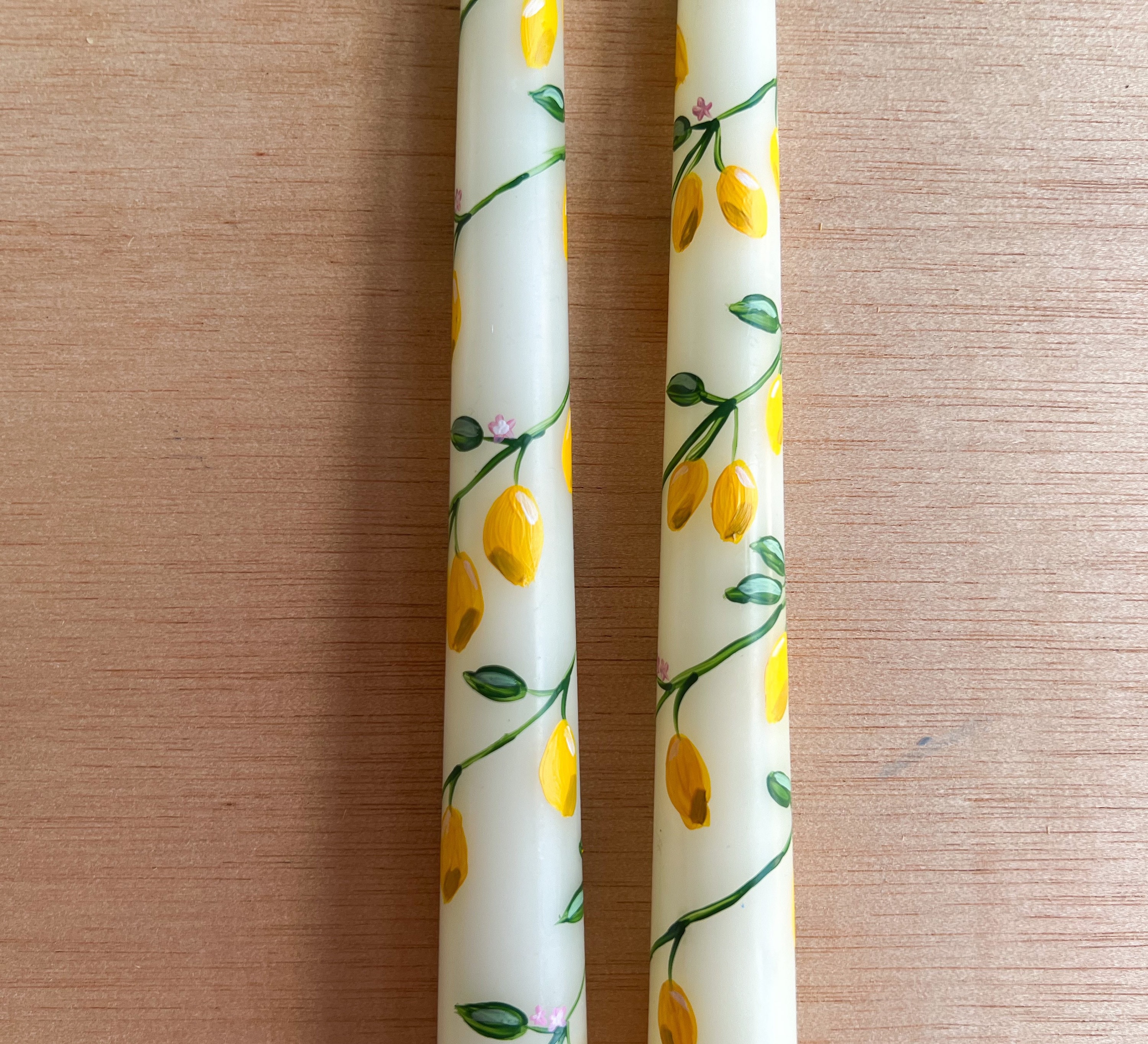 Set of 2 Lemon Tree Hand-painted Taper Candles; Handmade Gift, Wedding ...