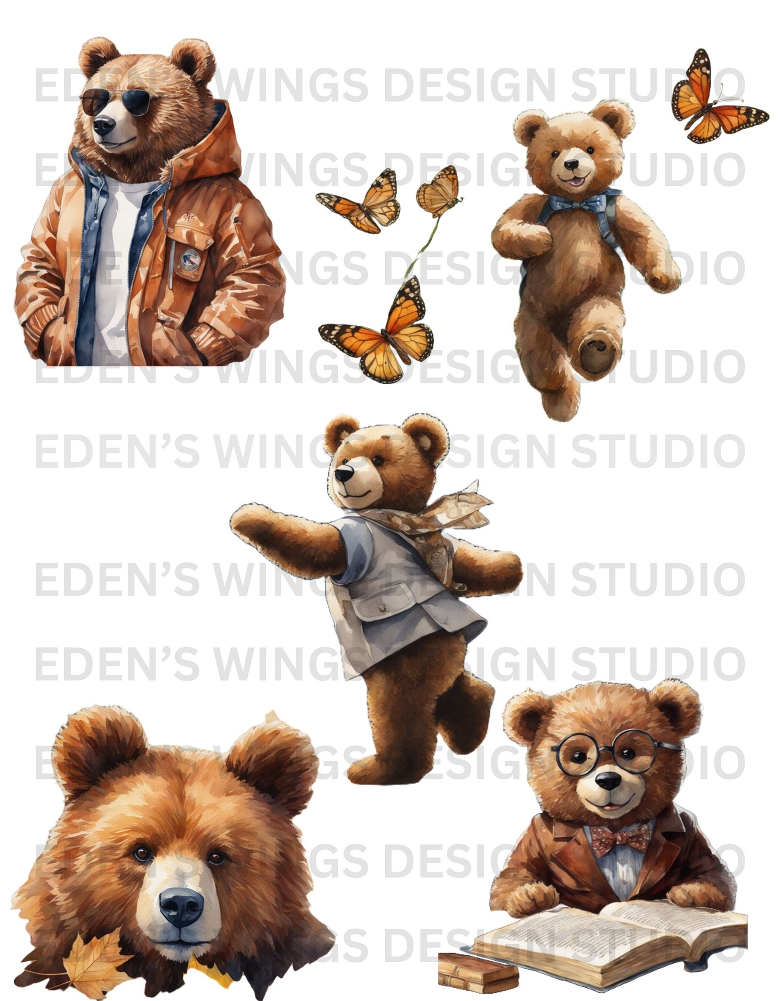 40 Water Color Teddy Bear Illustrations, Clip Art, Scrapbooking, Wall ...