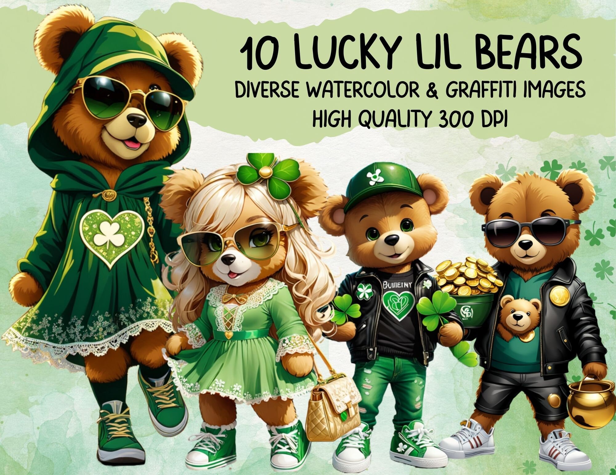 10 Lucky Lil St. Patrick's Day Teddy Bears, Transparent Background 300 ...