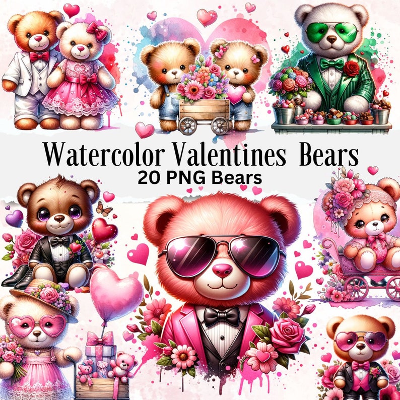 Valentine's Day Watercolor Clipart Bears, Watercolor Bears, Valentine's ...