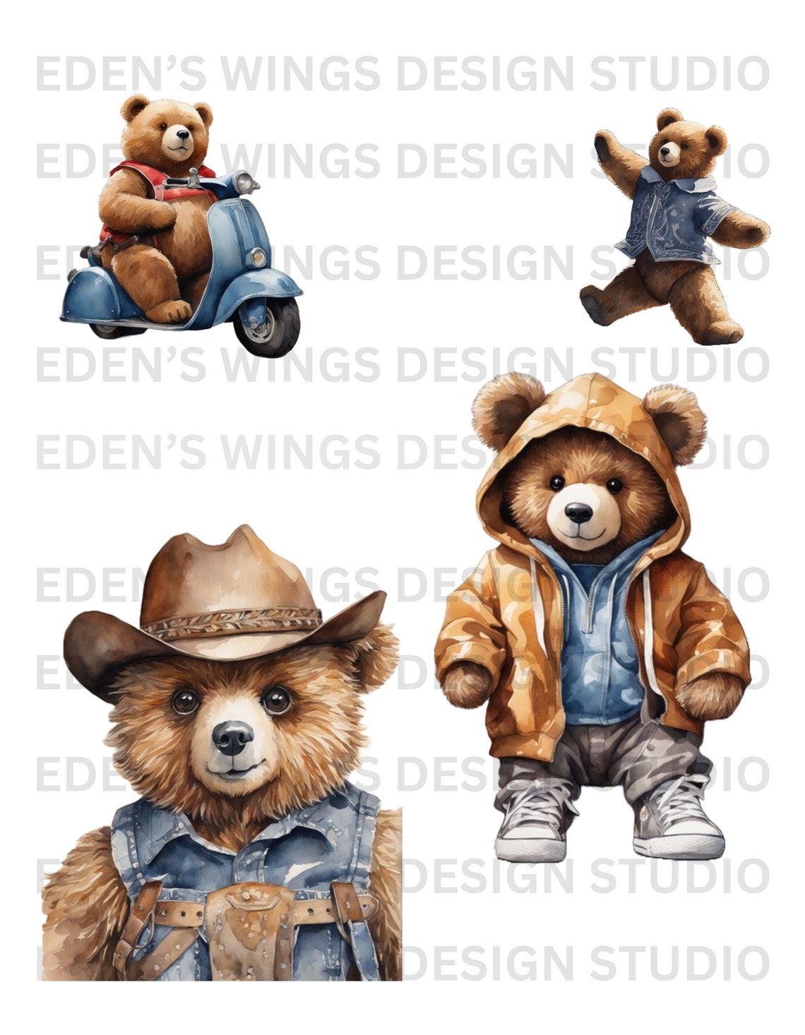 40 Water Color Teddy Bear Illustrations, Clip Art, Scrapbooking, Wall ...