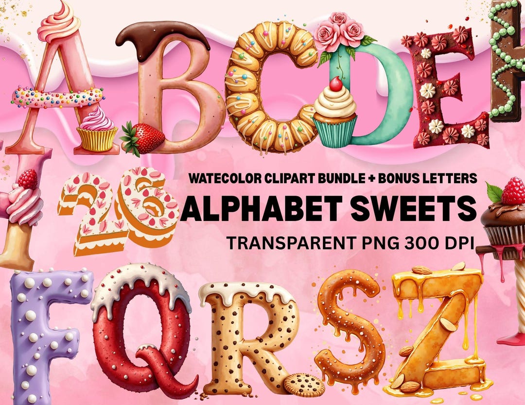Watercolor Candy Alphabet Clipart: Pastel Sweets Letters (300 DPI PNG ...