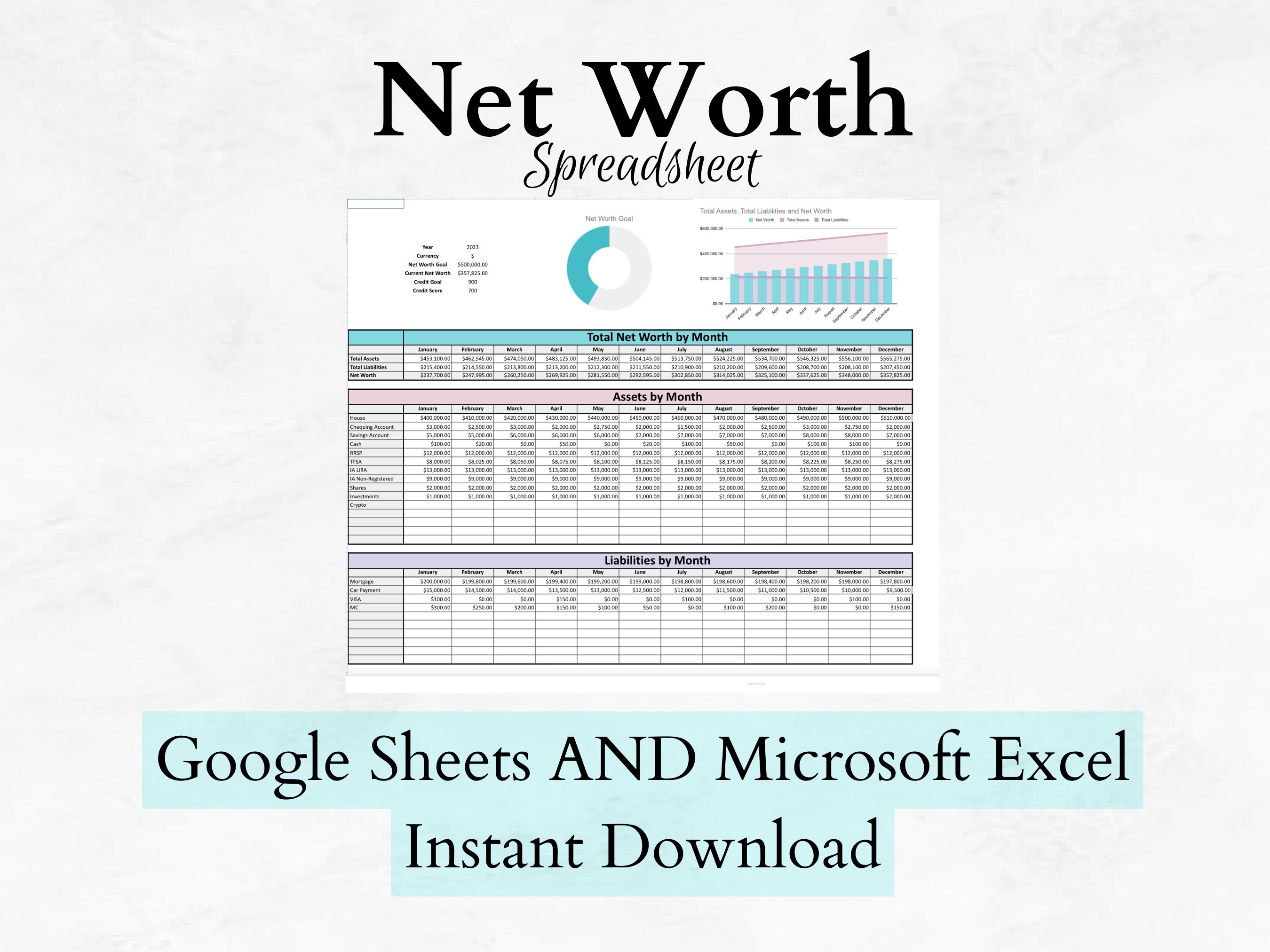 Net Worth Tracker Spreadsheet Template for Google Sheets AND Microsoft ...