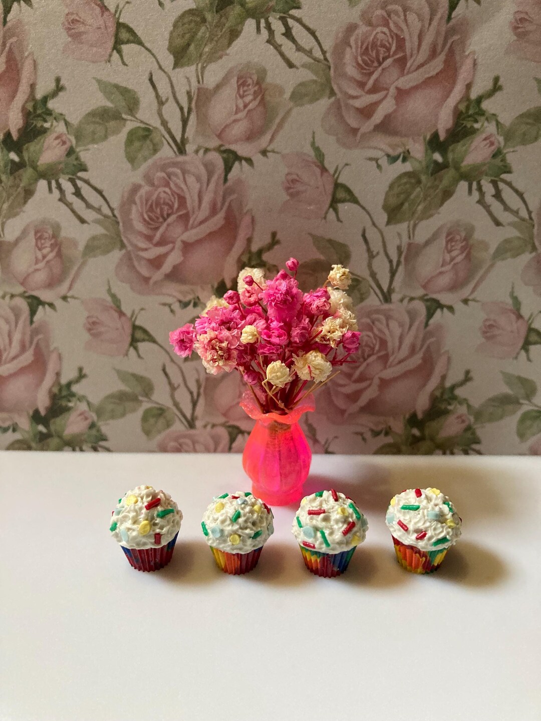 1:6 Scale Mini Rainbow Sprinkle Cupcakes W/serving Plate - Realistic ...