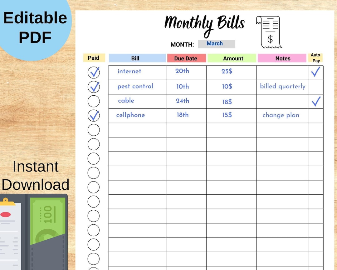 Editable Monthly Bill Tracker/monthly Bill Log/bill Planner/bill ...
