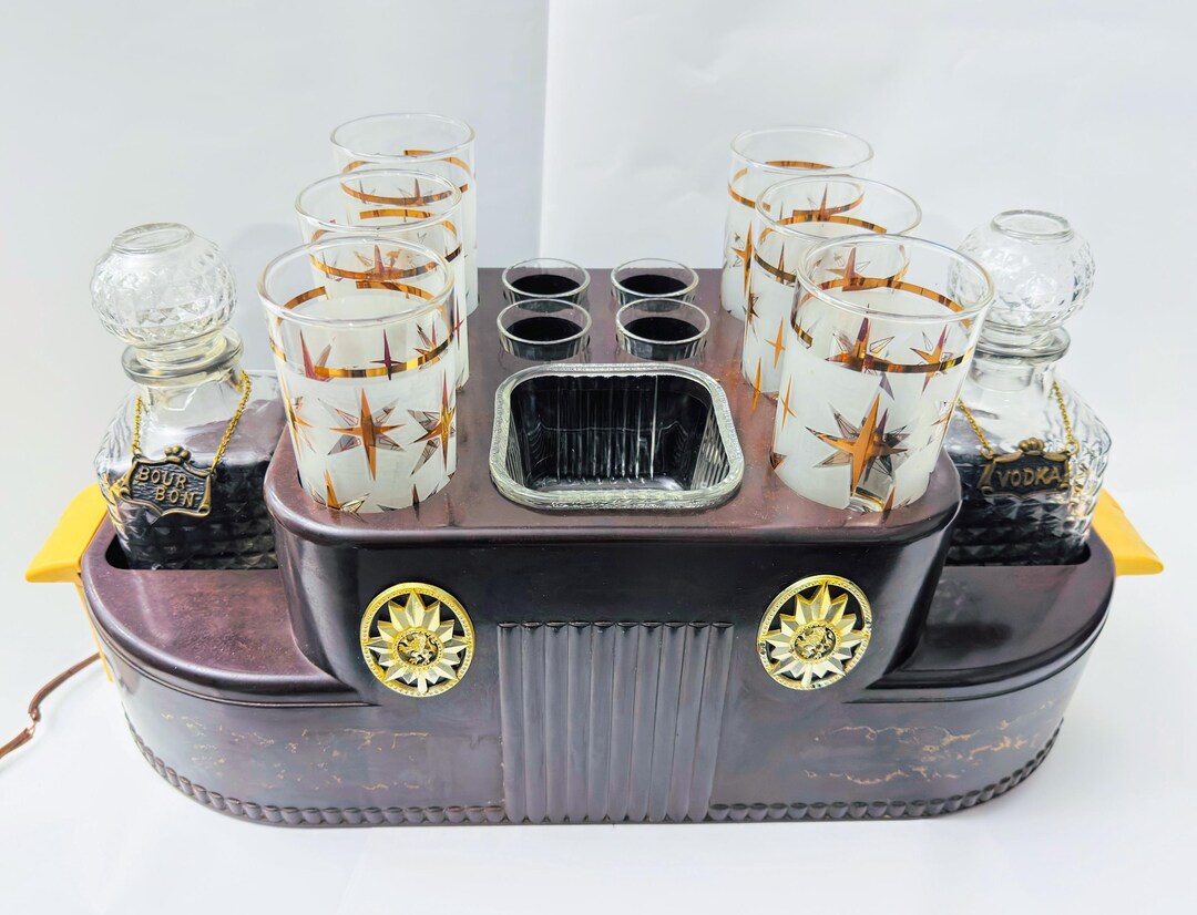 Art Deco Bakelite Bar Caddy Set, 1930/40s, Bakelite, Wood, Decanter ...