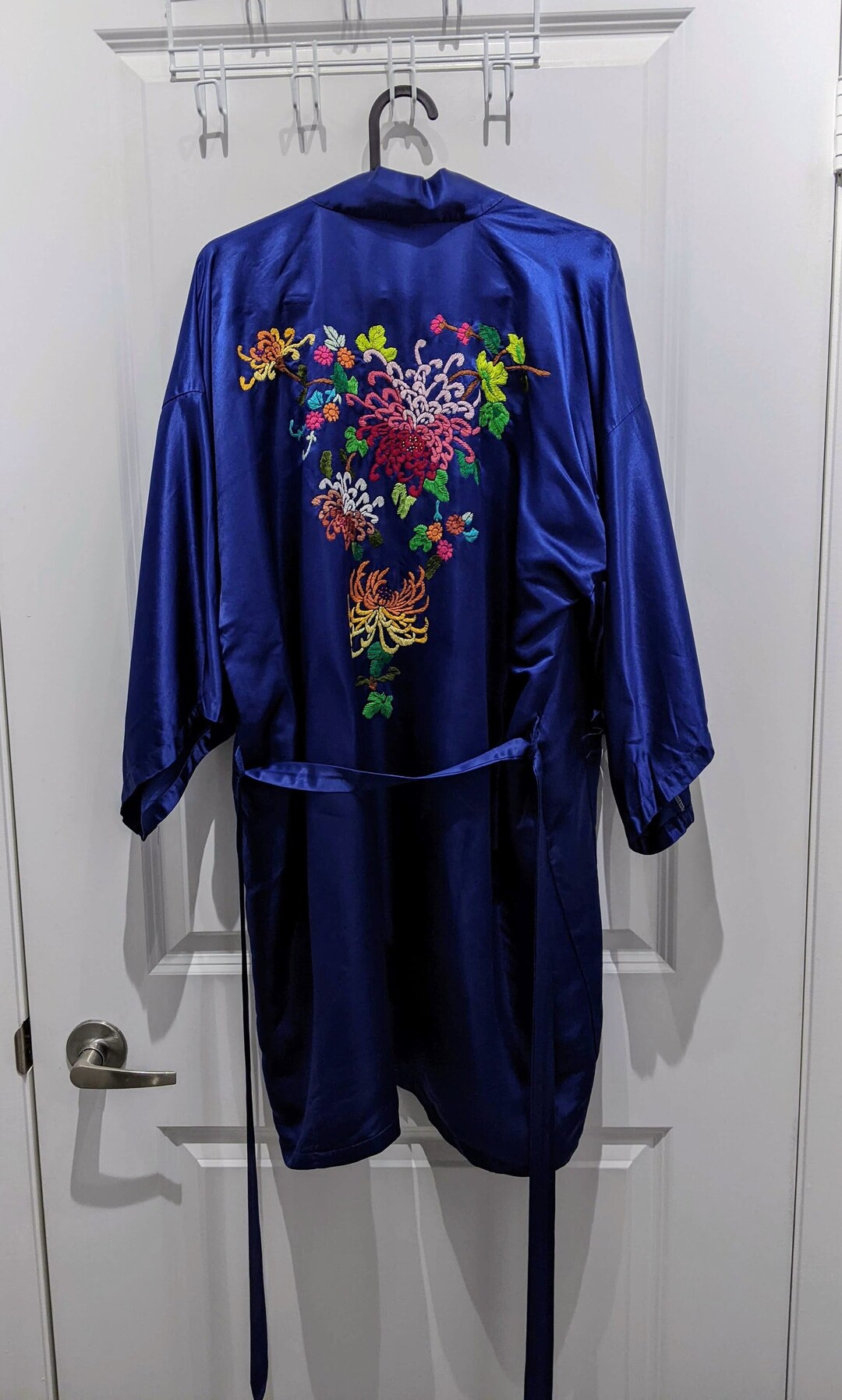 Vintage Navy Blue Mini Satin Kimono Robe, Embroidered Flowers, Sash - Etsy