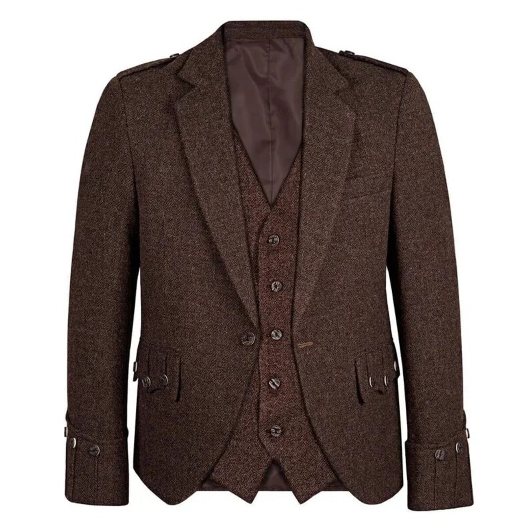 Men's Argyle Kilt Jacket - Men's Scottish Dark Brown Tweed Wool Argyle ...