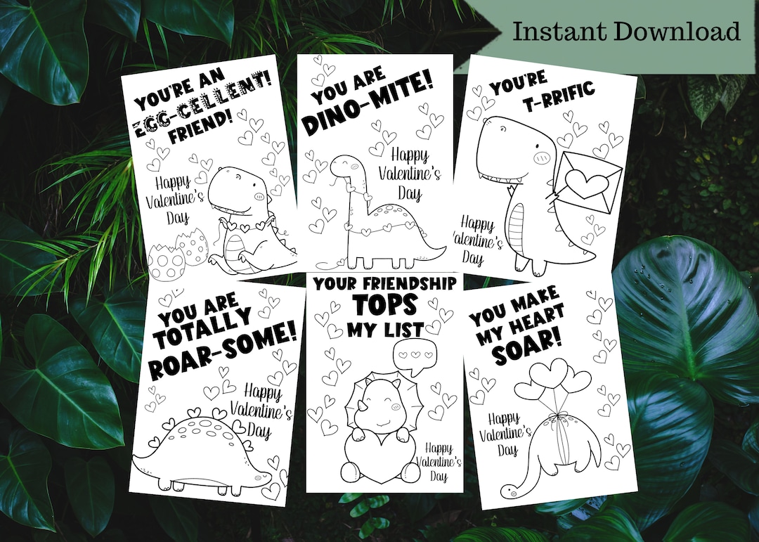 Printable Coloring Dinosaur Valentine Cards for Kids - Etsy