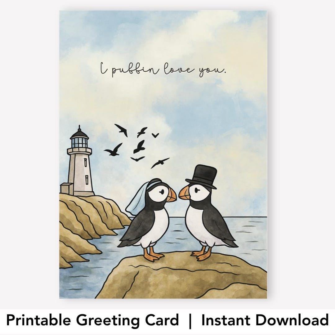 Printable Puffin Wedding Anniversary Card: Newfoundland Love PNG ...