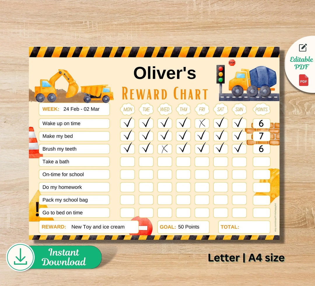 Editable Construction Reward Chart Printable Personalize Behavior Chore ...