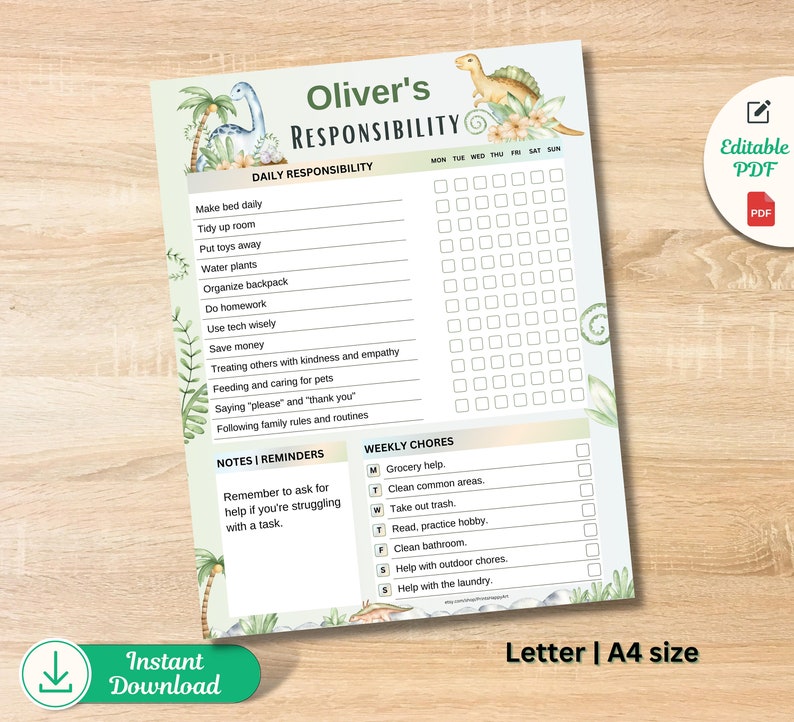 Editable Watercolor Dinosaur Responsibility Chore Chart for - Etsy