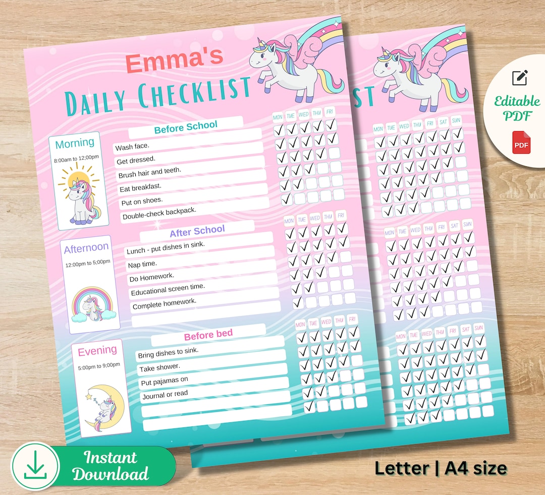Editable Daily School Checklist for Kids Unicorn Theme | PRINTABLE ...