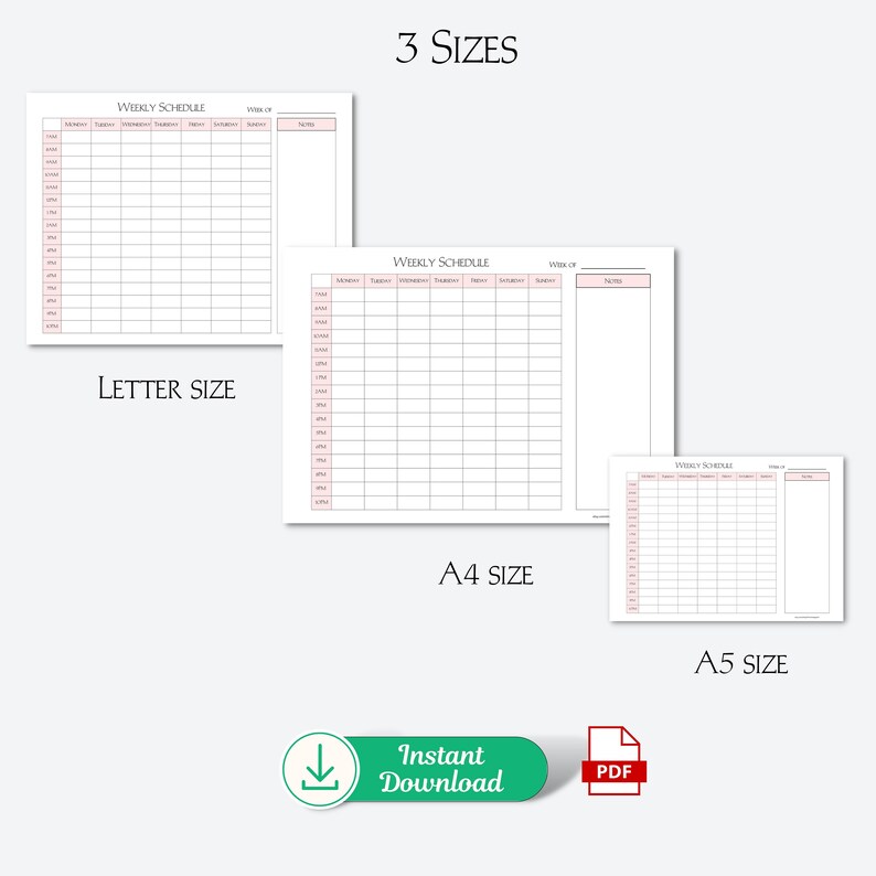 Printable Weekly Schedule Digital Hourly Weekly Schedule A5 A4 & US ...