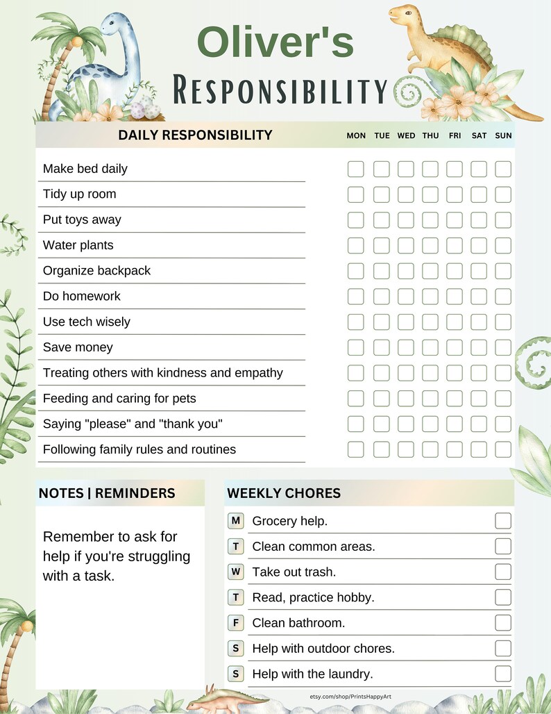 Editable Watercolor Dinosaur Responsibility Chore Chart for - Etsy