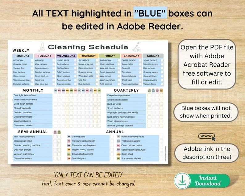 EDITABLE Cleaning Schedule | PRINTABLE Pastel Yearly Cleaning Weekly ...