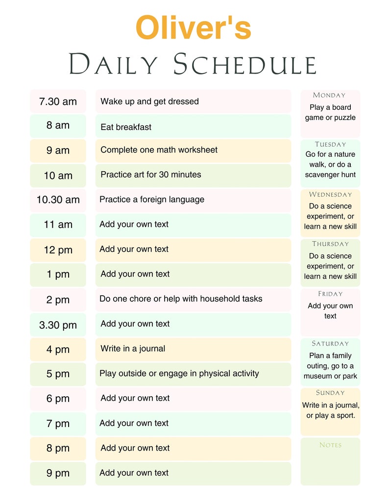 Editable Daily Schedule Chart for Kids Homeschool Daily Routine Chart ...