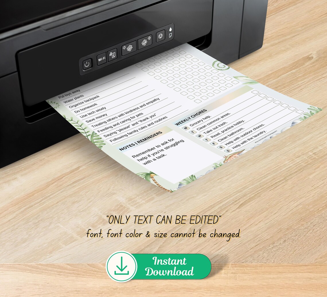 Editable Watercolor Dinosaur Responsibility Chore Chart for - Etsy