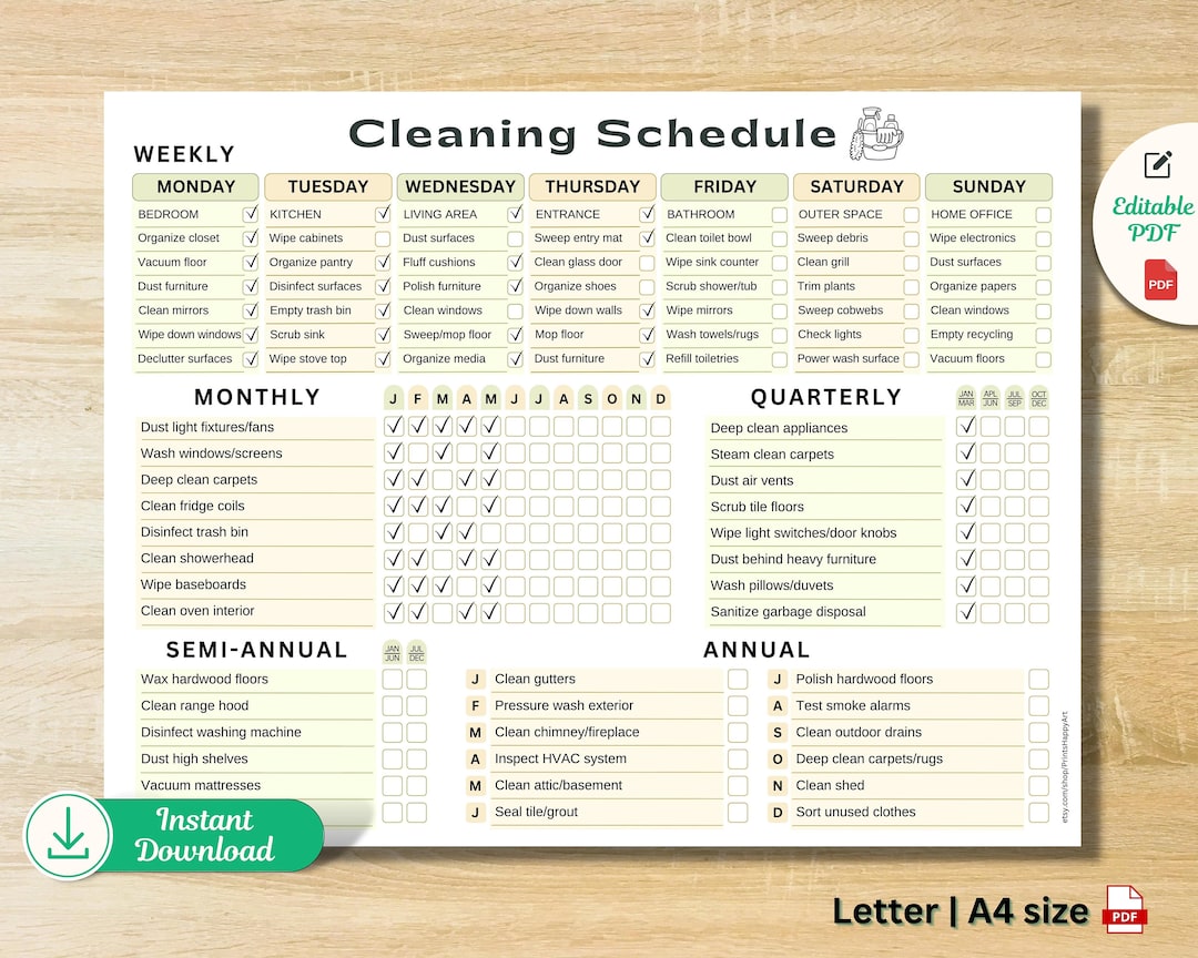 EDITABLE Cleaning Schedule PRINTABLE Yearly Deep Cleaning Weekly Tasks ...