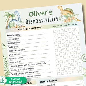 Editable Watercolor Dinosaur Responsibility Chore Chart for - Etsy