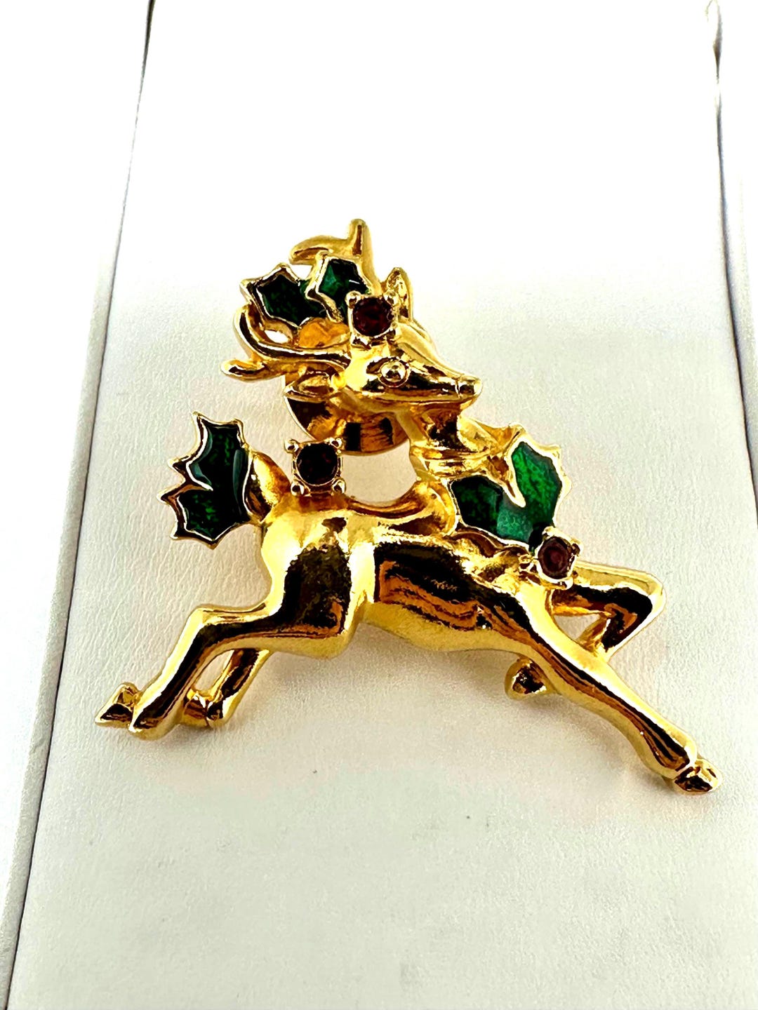 Vintage, Marked AVON, Goldtone Reindeer Lapel Pin/ Tie Tack. Green ...