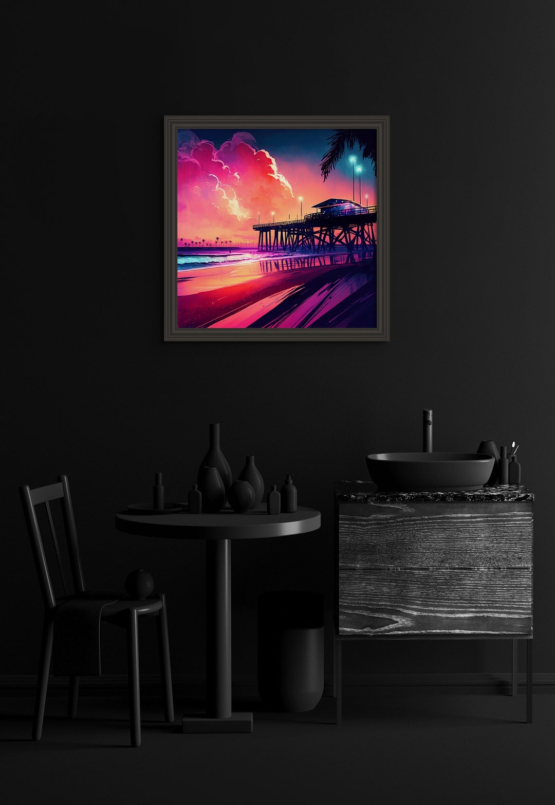 Synthwave Beach Pier Digital Watercolour Print - Etsy