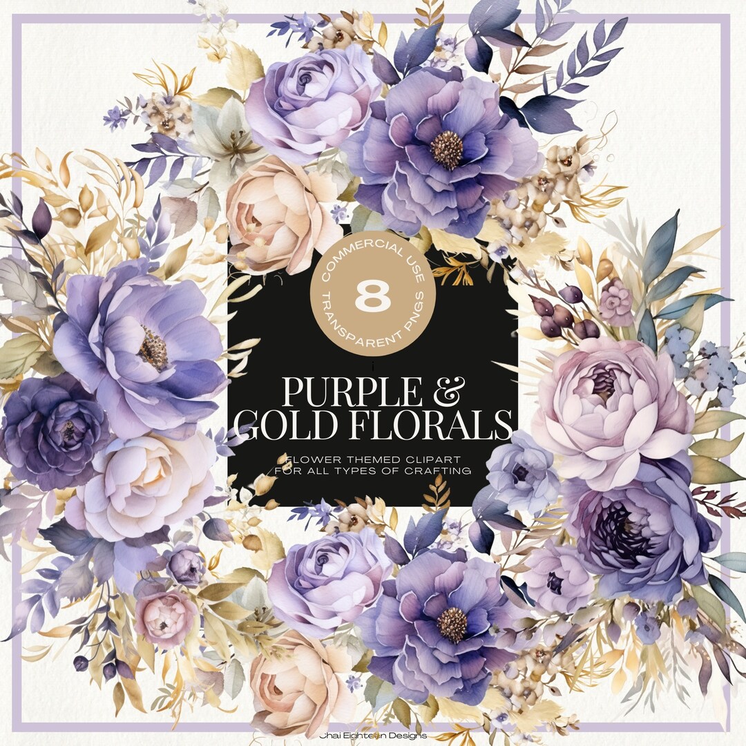 Purple Gold Floral Watercolour Clipart, Commercial Use, Transparent ...
