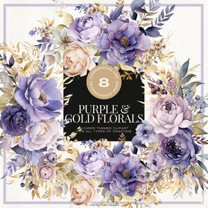Purple Gold Floral Watercolour Clipart, Commercial Use, Transparent ...