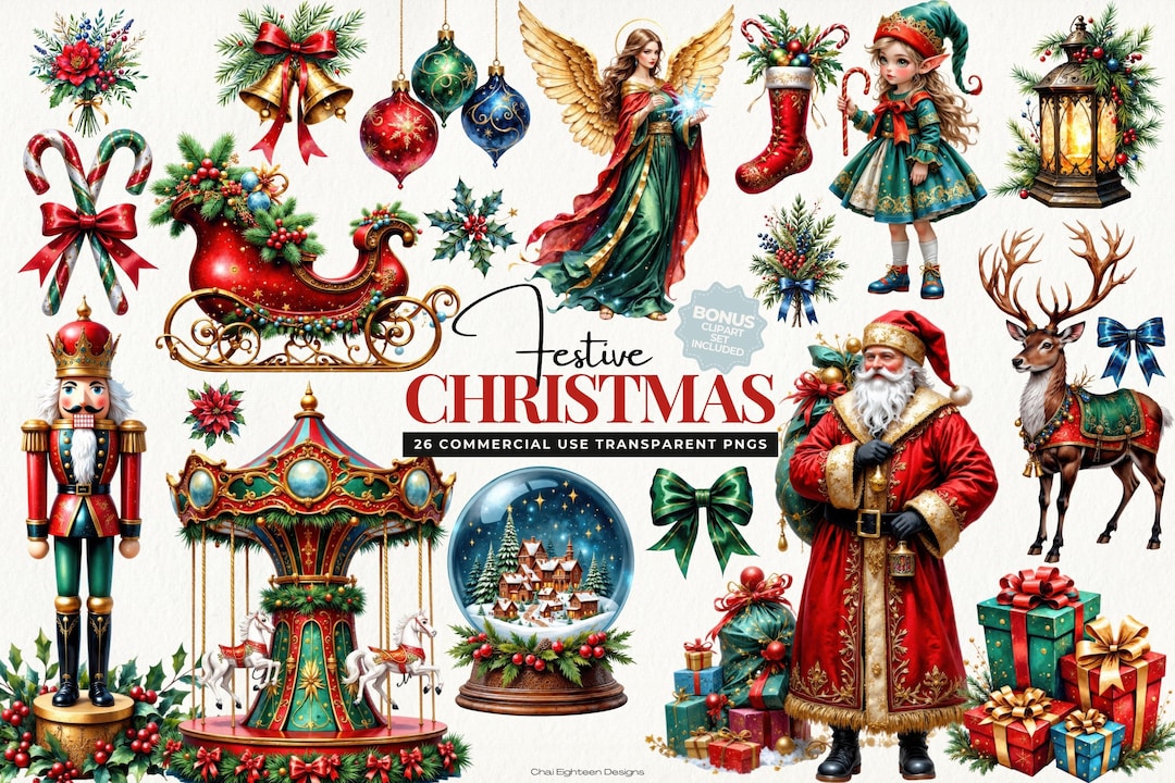 Christmas Clipart Set, Festive Holiday Illustrations, 26 Transparent ...