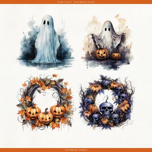 Watercolor Spooky Halloween Clipart PNG Set, Haunted House Clipart ...