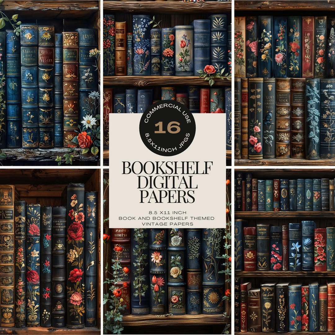 Watercolor Book Border Bundle JPG Set, Bookshelf Digital Papers With ...